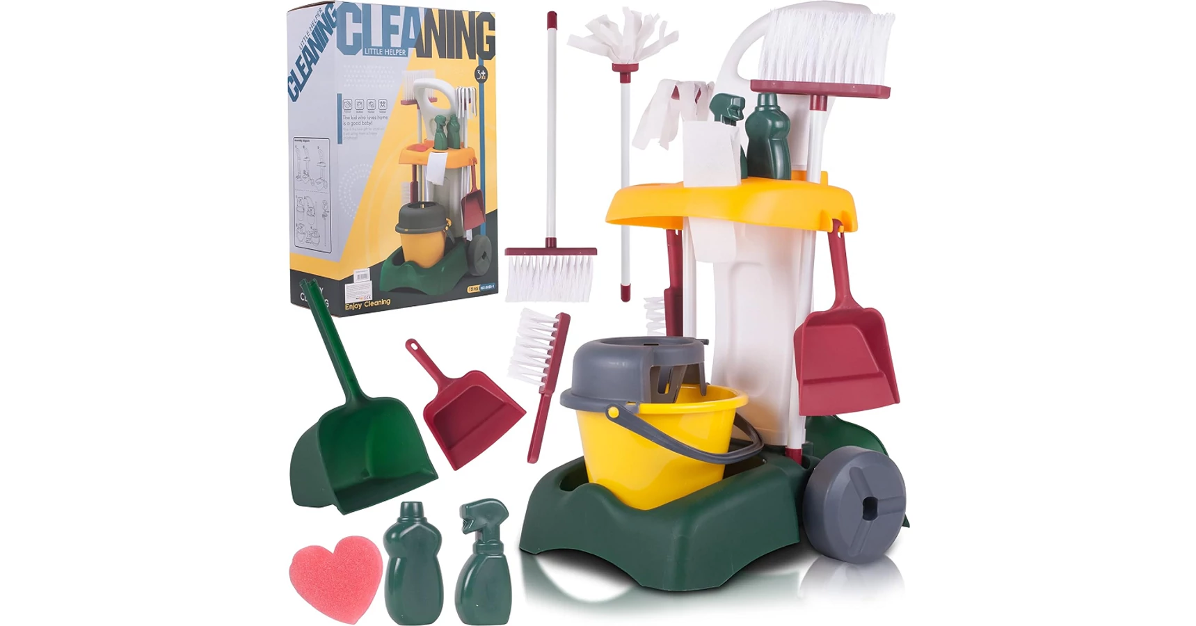 Játék takarító készlet vödörrel, 14 db kiegészítővel, felmosóval ...