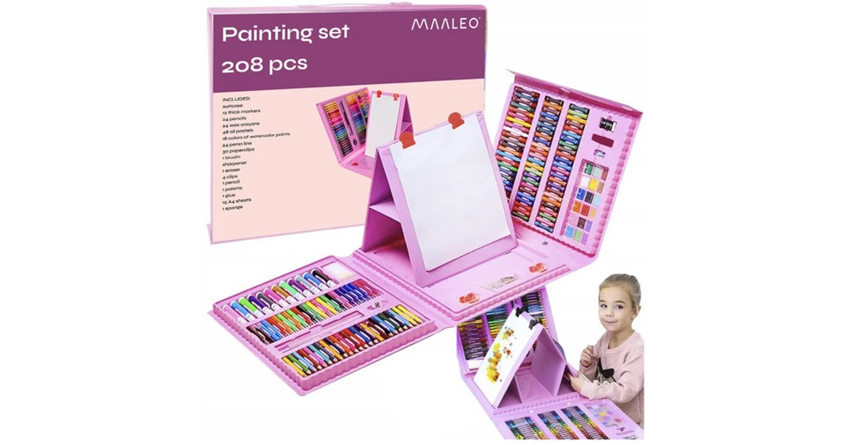 208 részes XXL gyerek rajz és festőkészlet bőröndben, rózsaszín, IT ...