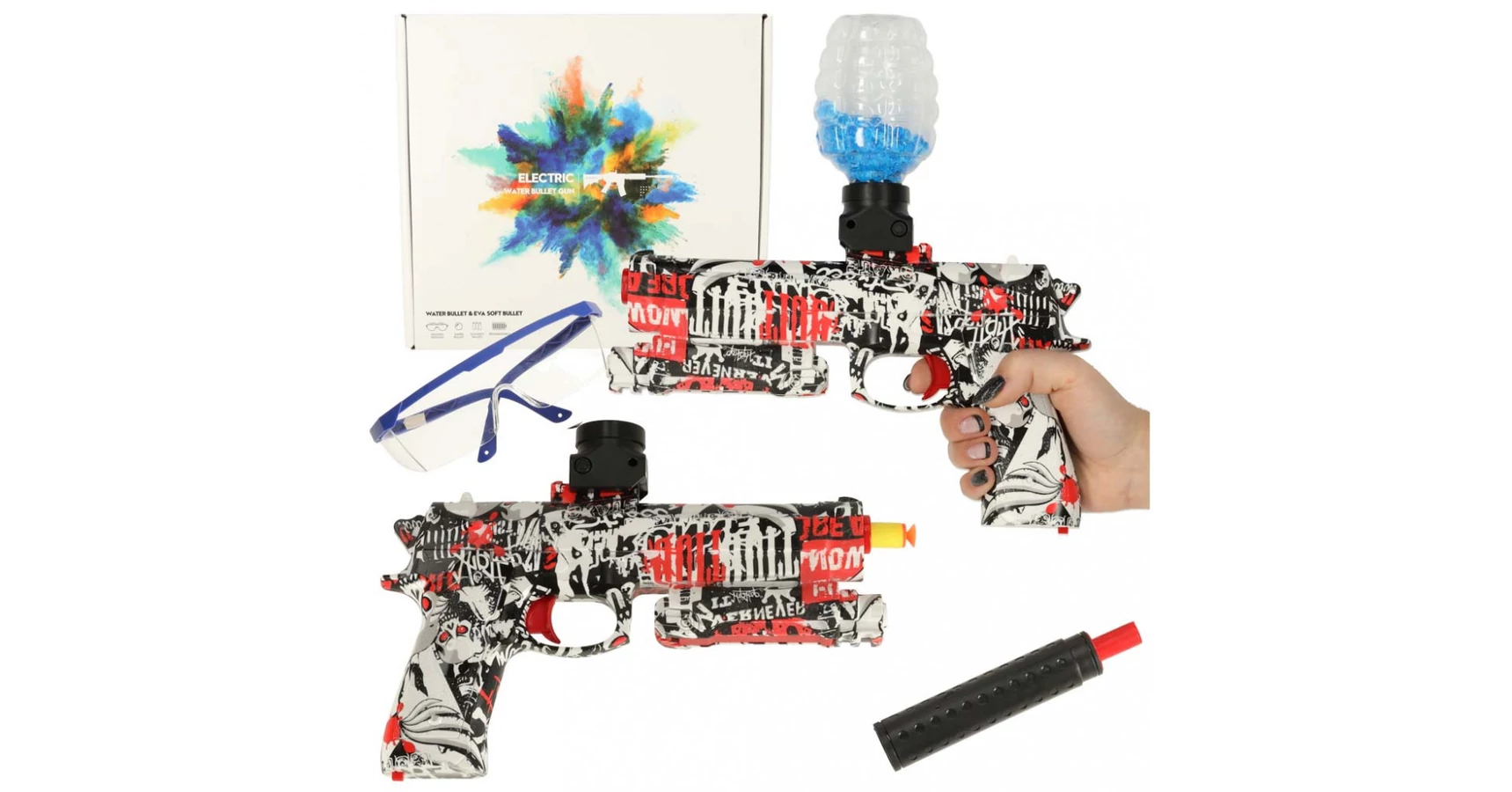 Gél golyó pisztoly vízipuska akkumulátoros USB + 550db szemüveg. 7-8mm ...